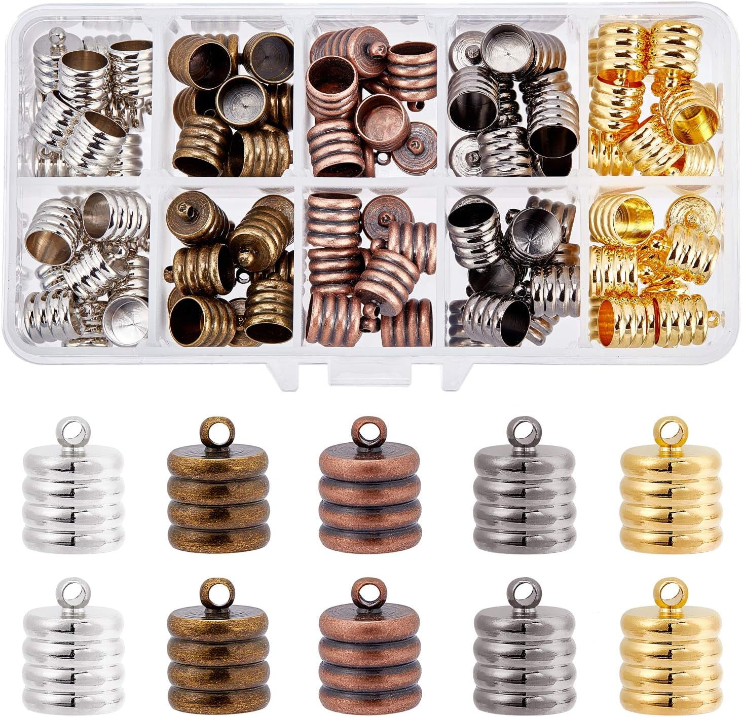 100PCS Column Brass Cord Ends 5 Color Column Bead Tube Fastener Clasps ...