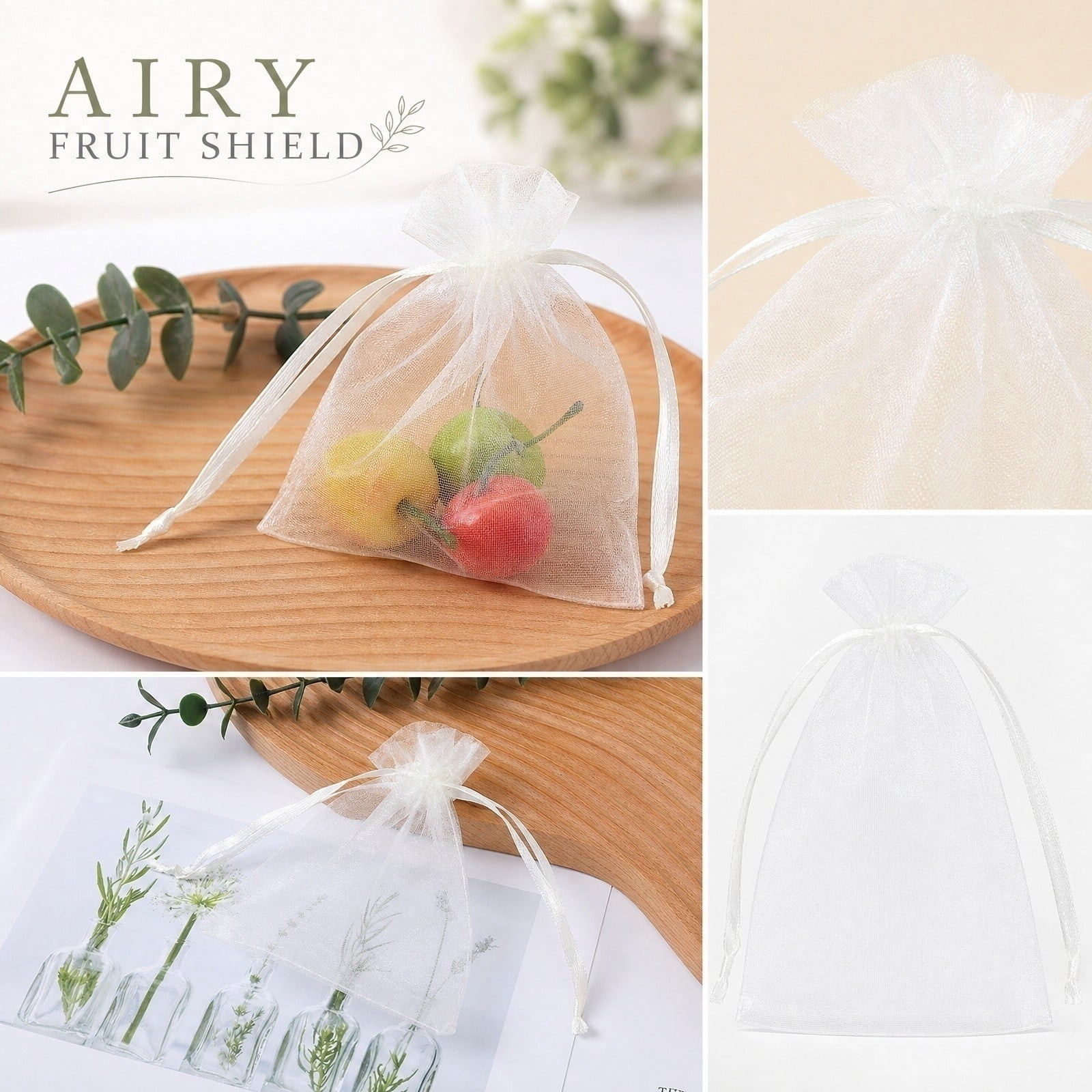 100PCS Fruit Protection Bags, Beige Fruit Netting Cover Bags Drawstring ...