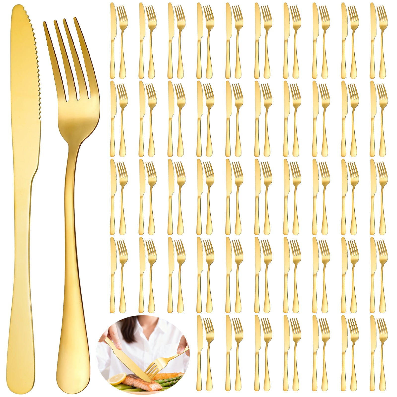 100PCS Gold Flatware Set for Fine Dining, 50PCS Stainless Steel Dinner Forks and 50PCS Knives ...