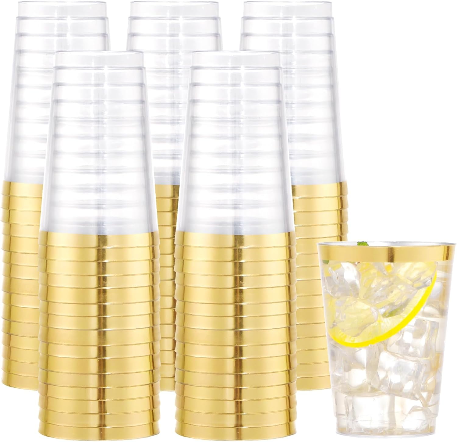 100PCS Gold Plastic Cups,10 oz Clear Plastic Cups with Gold Trim, Gold ...