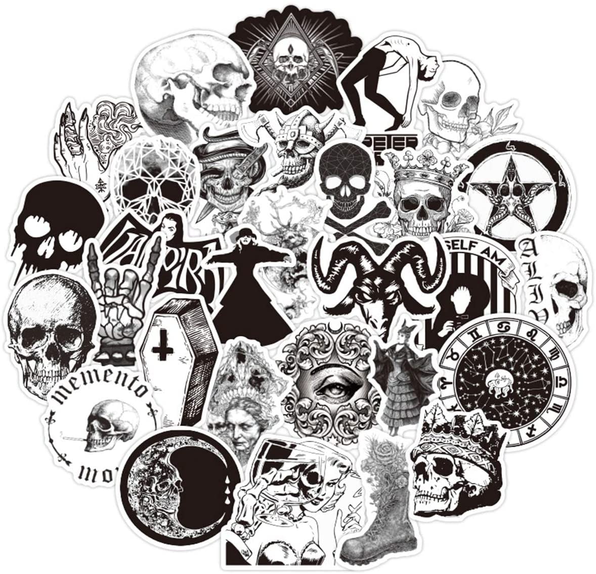 100PCS Gothic Stickers for Water Bottle,Black White Skull Stickers ...