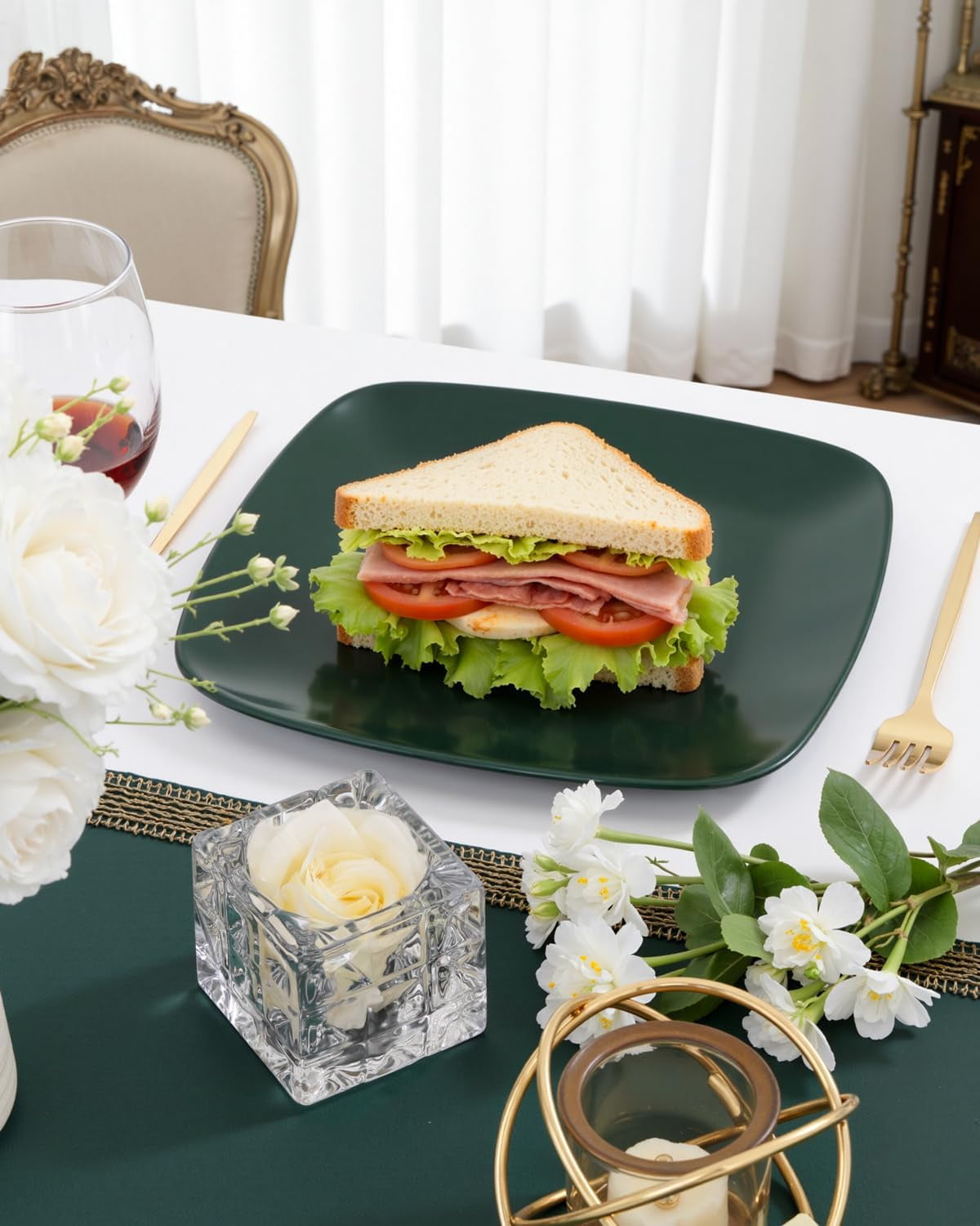 100PCS Green Plastic Plates - Green Square Disposable With Gold Rim ...