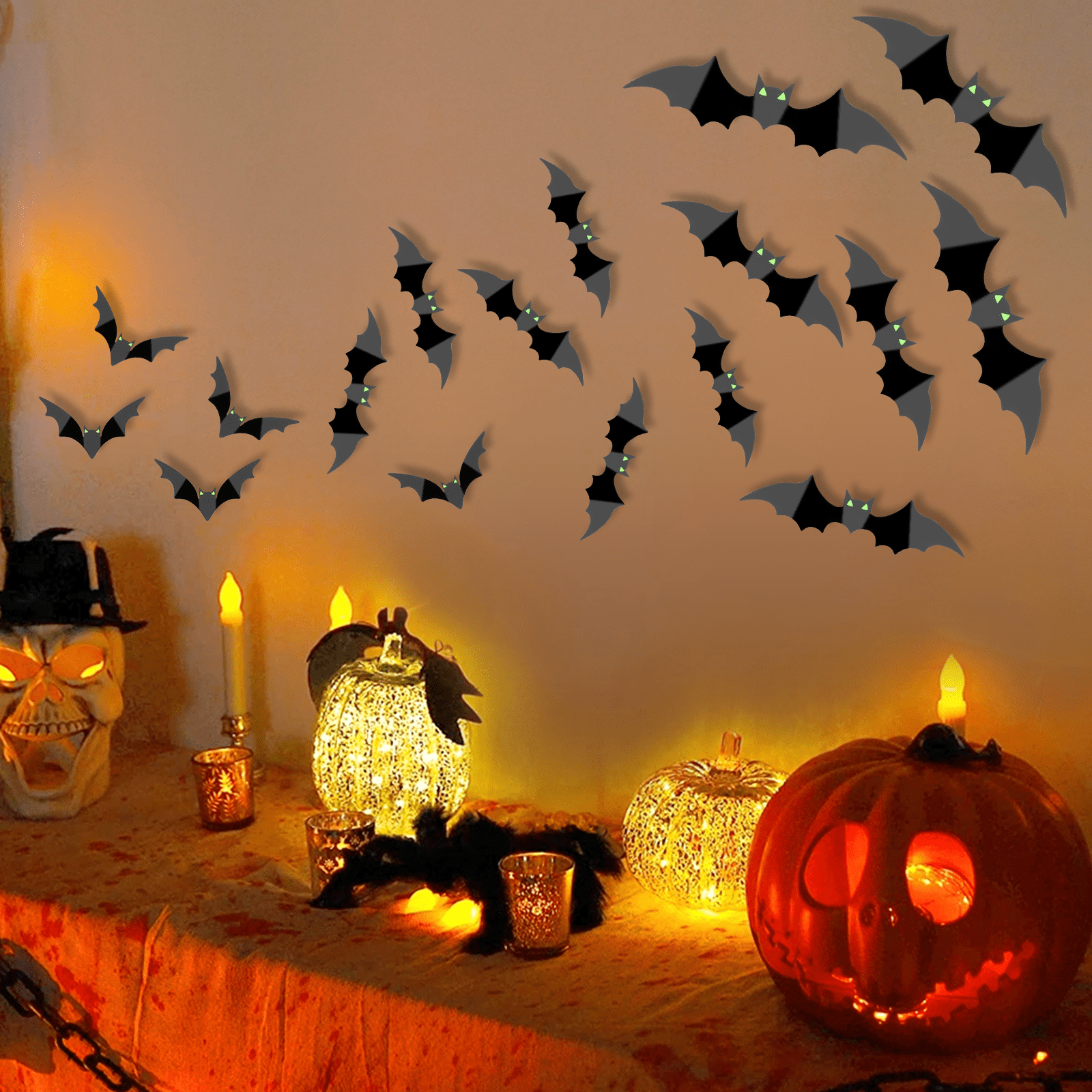 100PCS Halloween 3D Bats with Glow Eyes Wall Decorations 4 Different ...