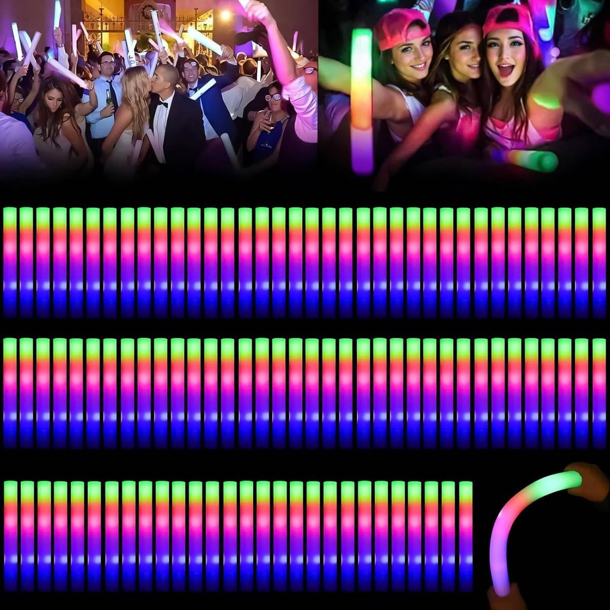 100PCS LED Foam Glow Sticks, Light Up Flashing Glow Sticks with 3 Modes ...