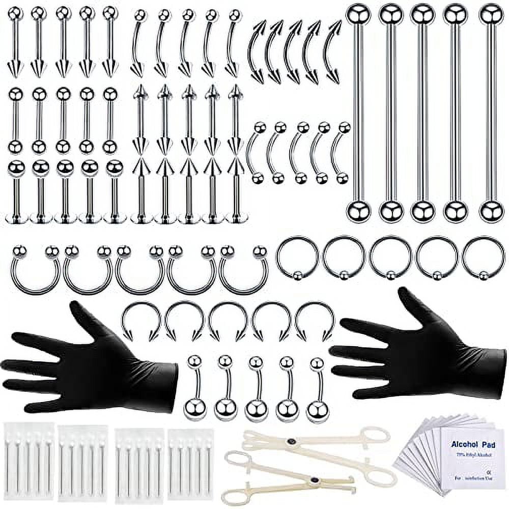 100PCS Piercing Kit 14G 16G Nose Septum Rings Piercing Jewelry for Ear Lip Belly Button Tongue ...