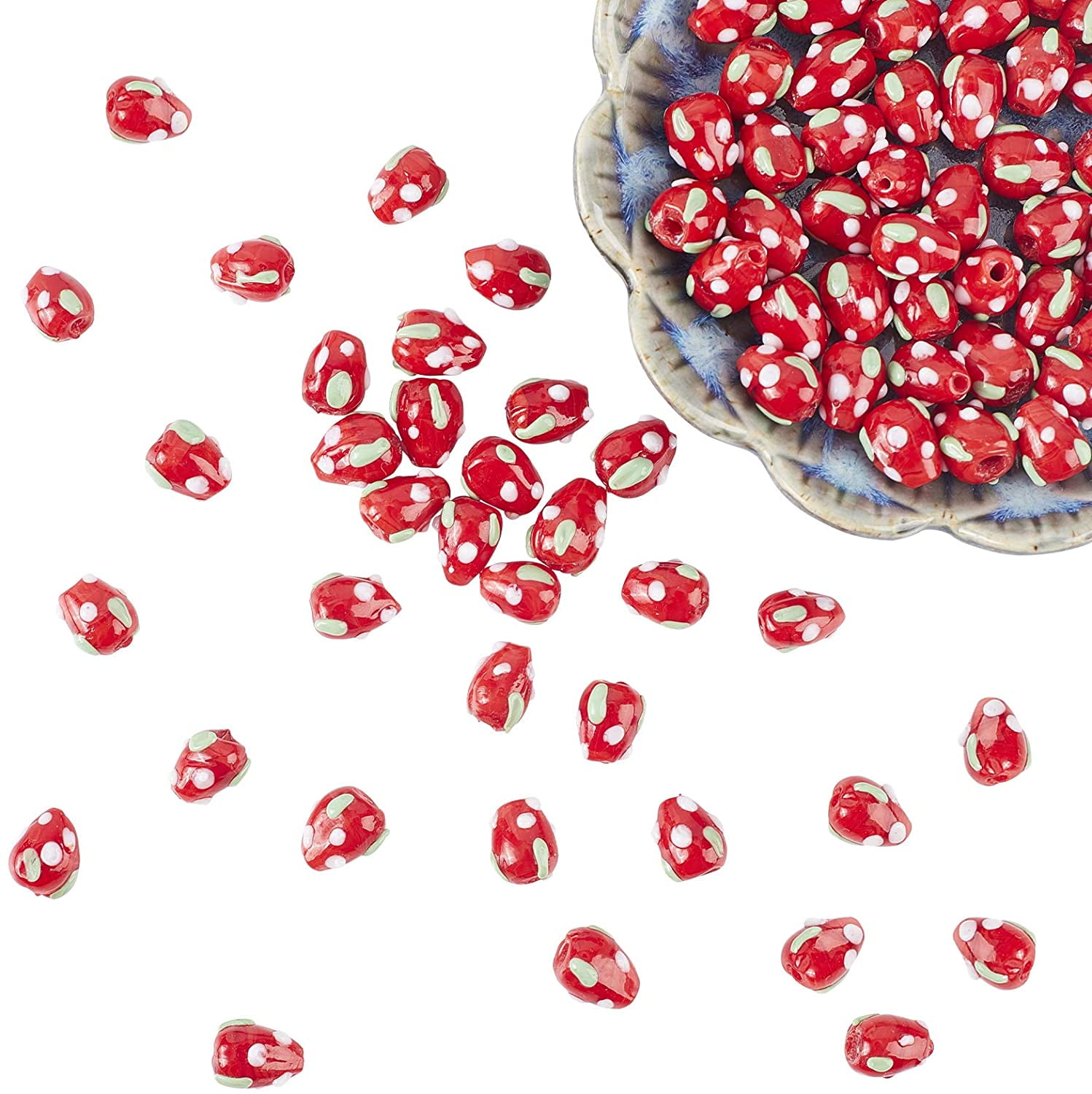 100PCS Strawberry Bead Strands Handmade Lampwork Beads Fruit Spacer ...