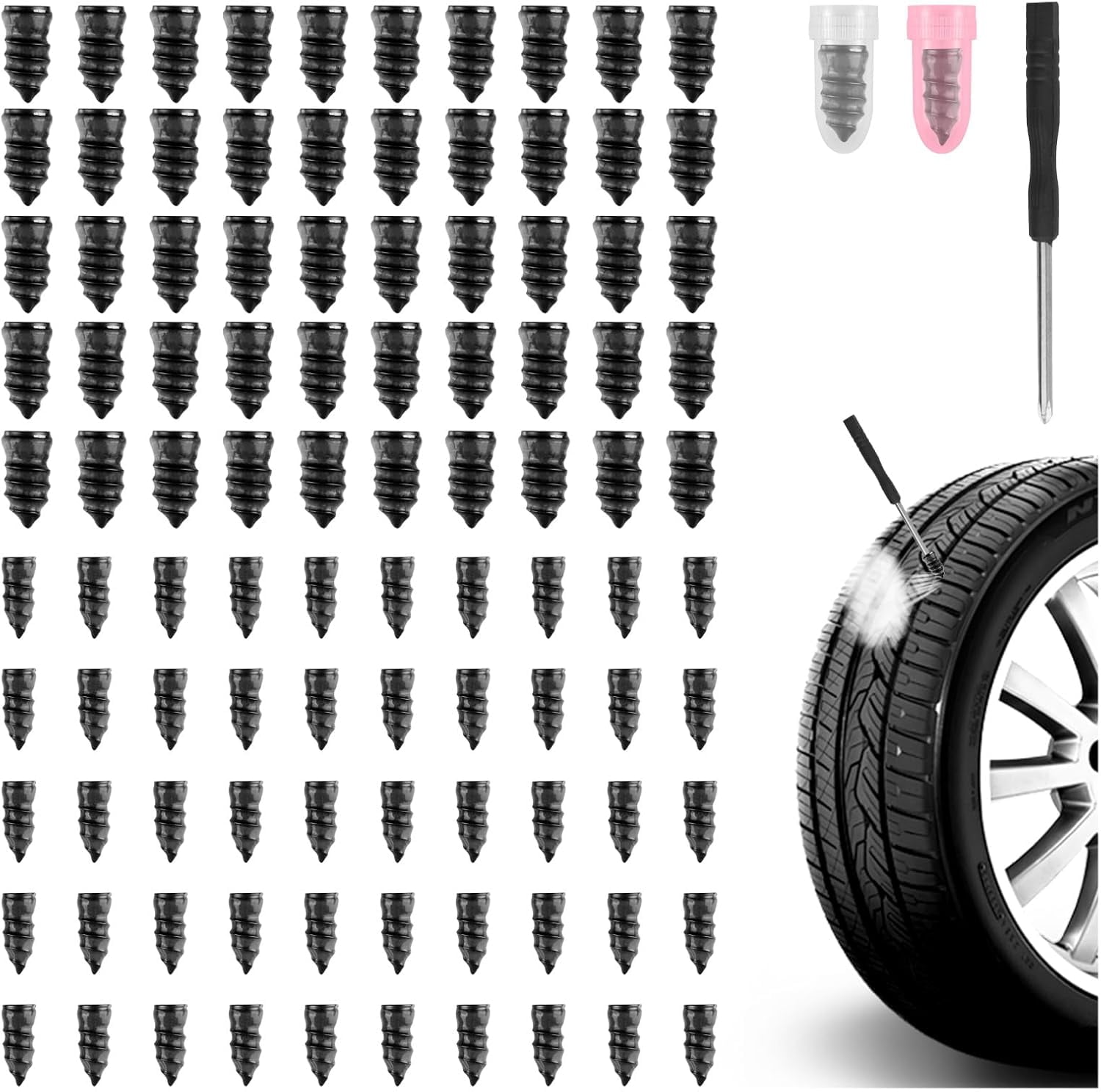100PCS Tire Plug Kit,Self-Service Flat Repair Kit Including Screwdriver ...