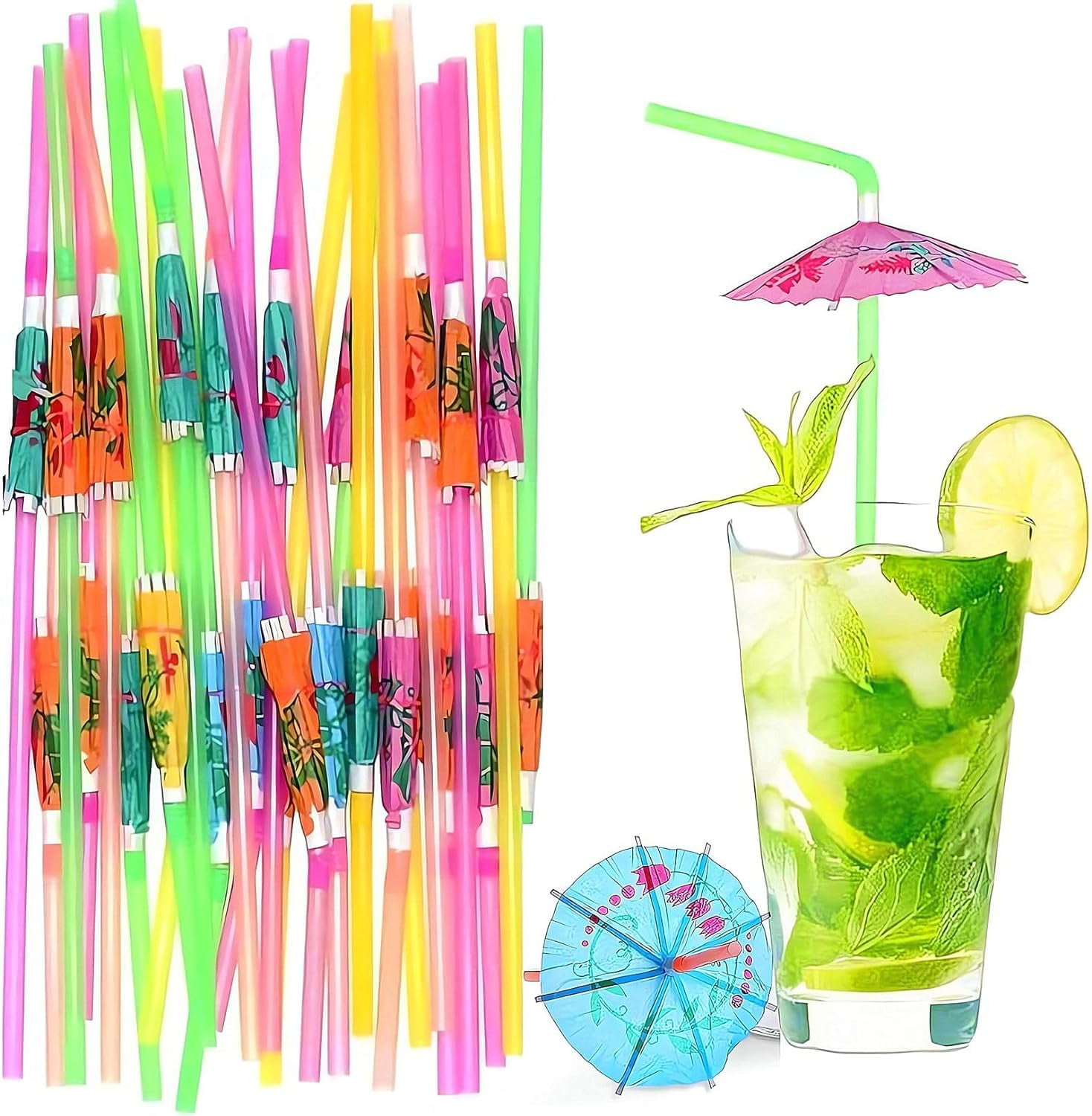 100PCS Umbrella Drinking Straws, Plastic Party Drink Straws, Tropical ...