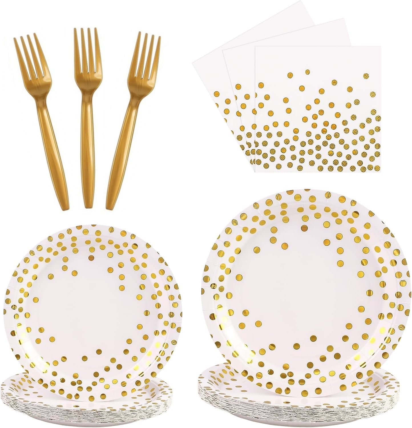 100PCS White and Gold Party Supplies Dots Tableware Set Serves 25, Gold ...