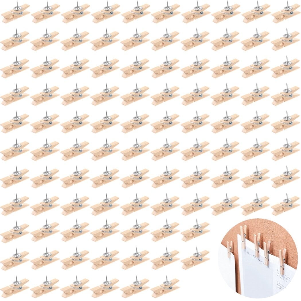 100PCS Wooden Push Pin Clips, Wooden Clips with Thumbtacks, Decorative ...