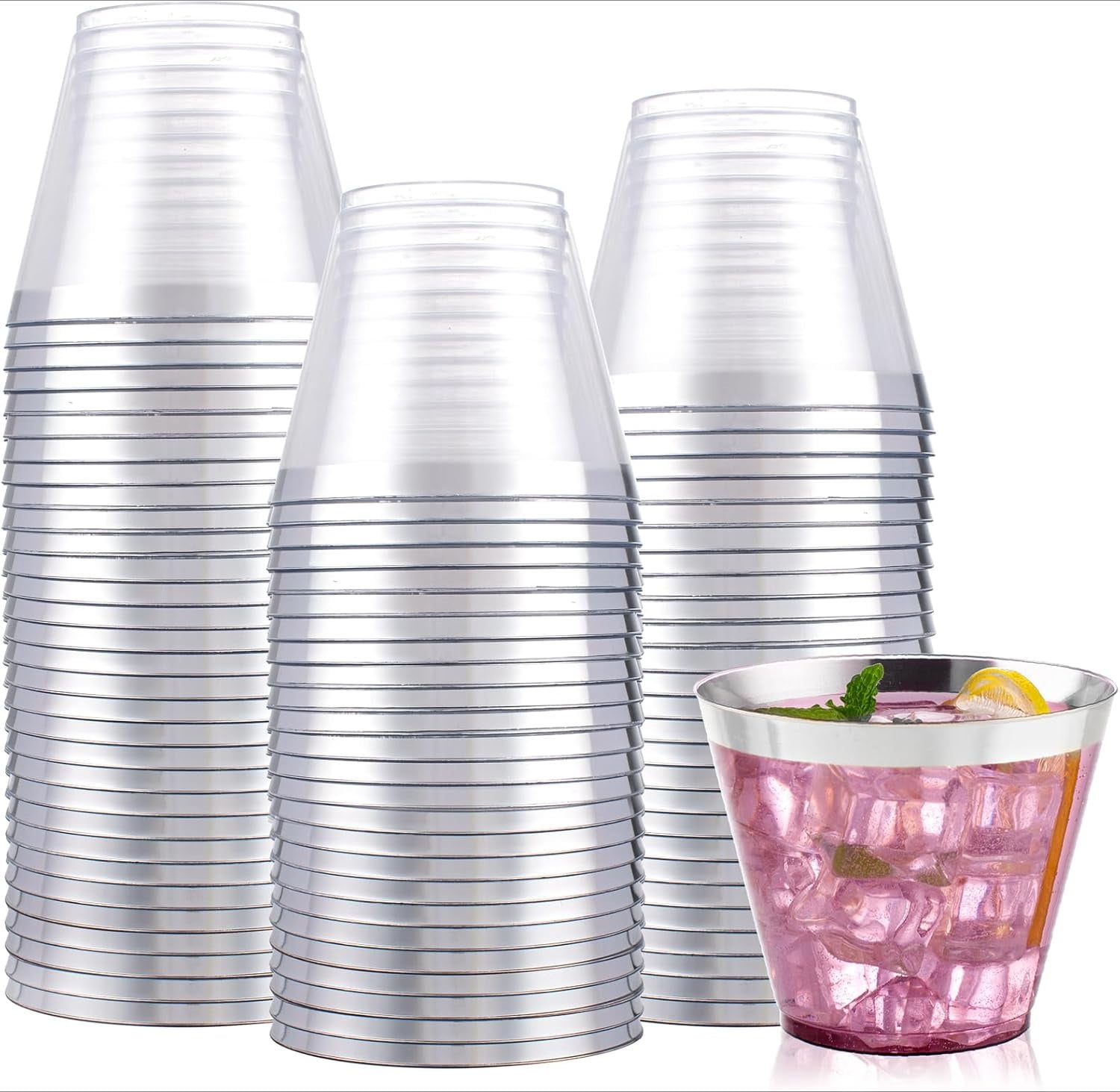 100PCS silver plastic cup, 9 oz clear plastic cup, silver decoration ...