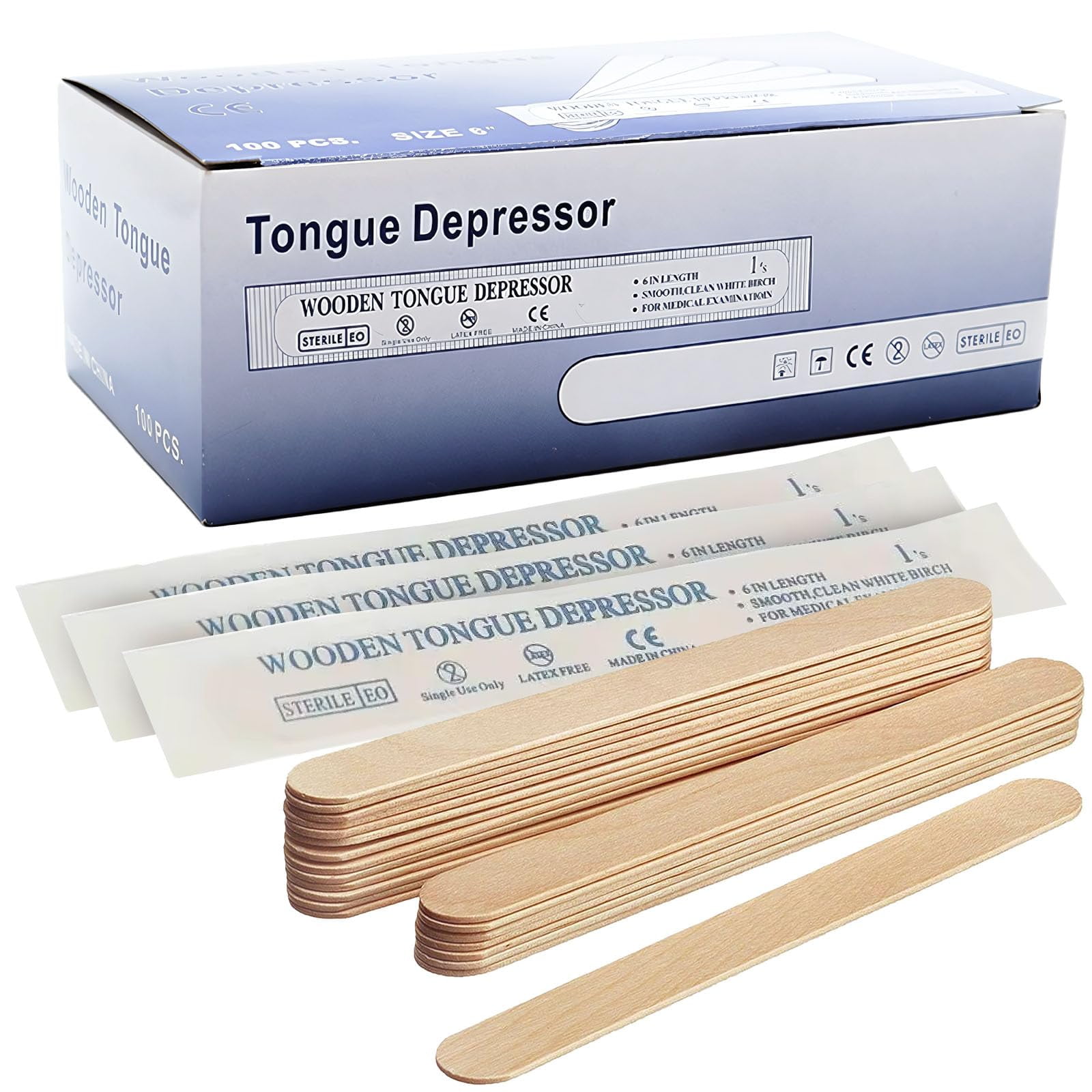 100PCs Wooden Tongue Depressors, Sterile, 6" by VASTMED | Individually ...
