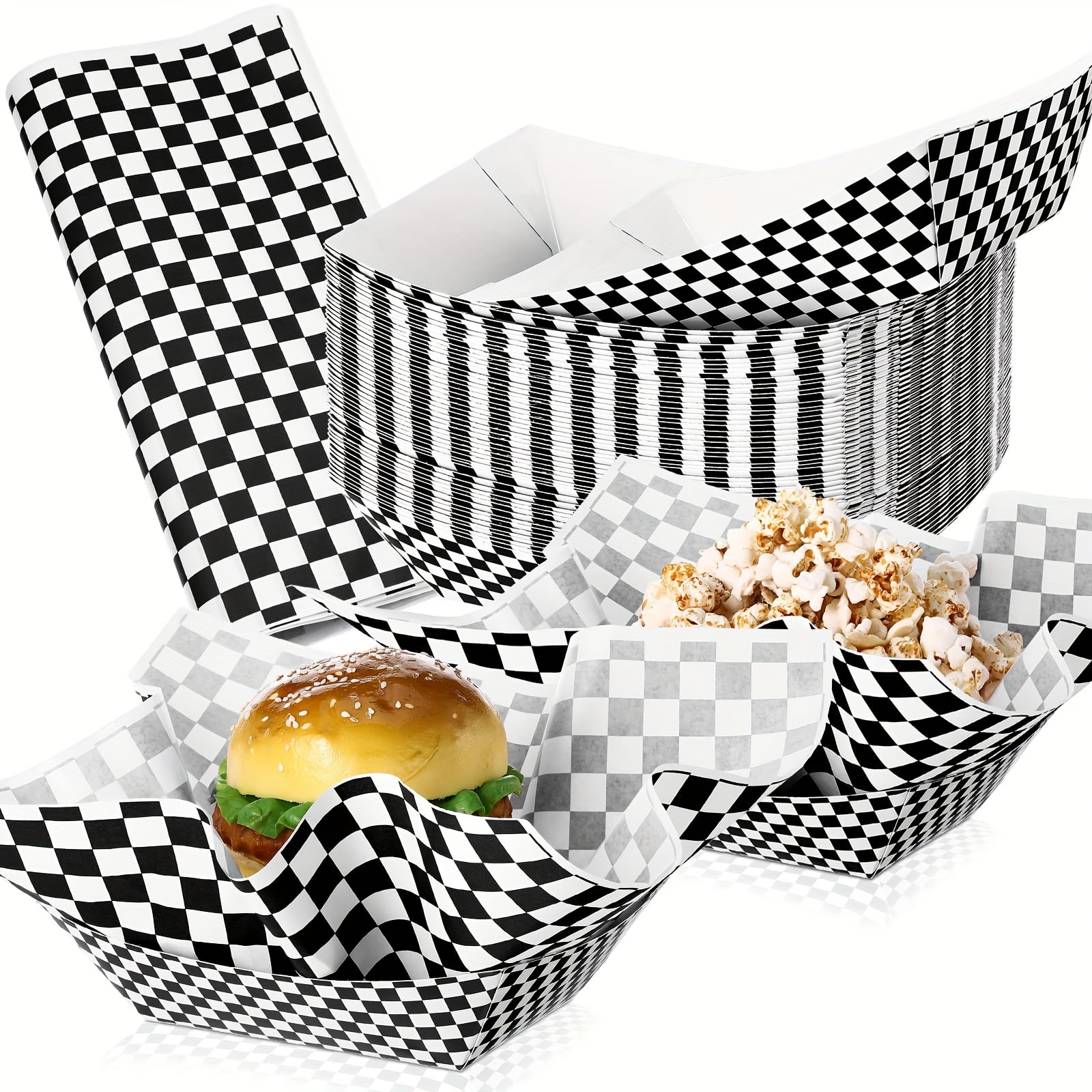 100Pack 1.8Lb Disposable Black And White Checkered Paper Food Trays ...