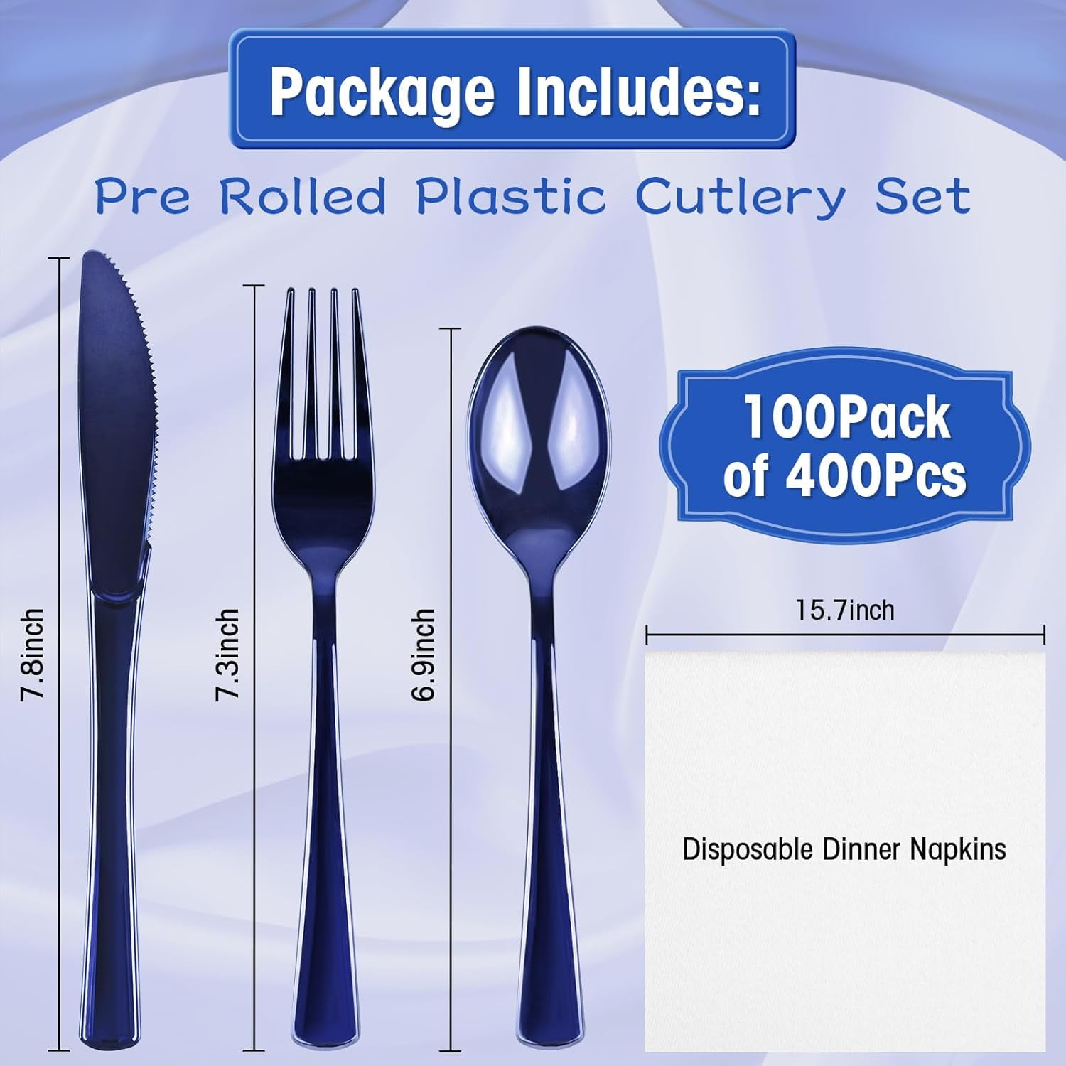 100Pack Blue Pre Rolled Plastic Silverware - Wrapped Blue Rolled ...