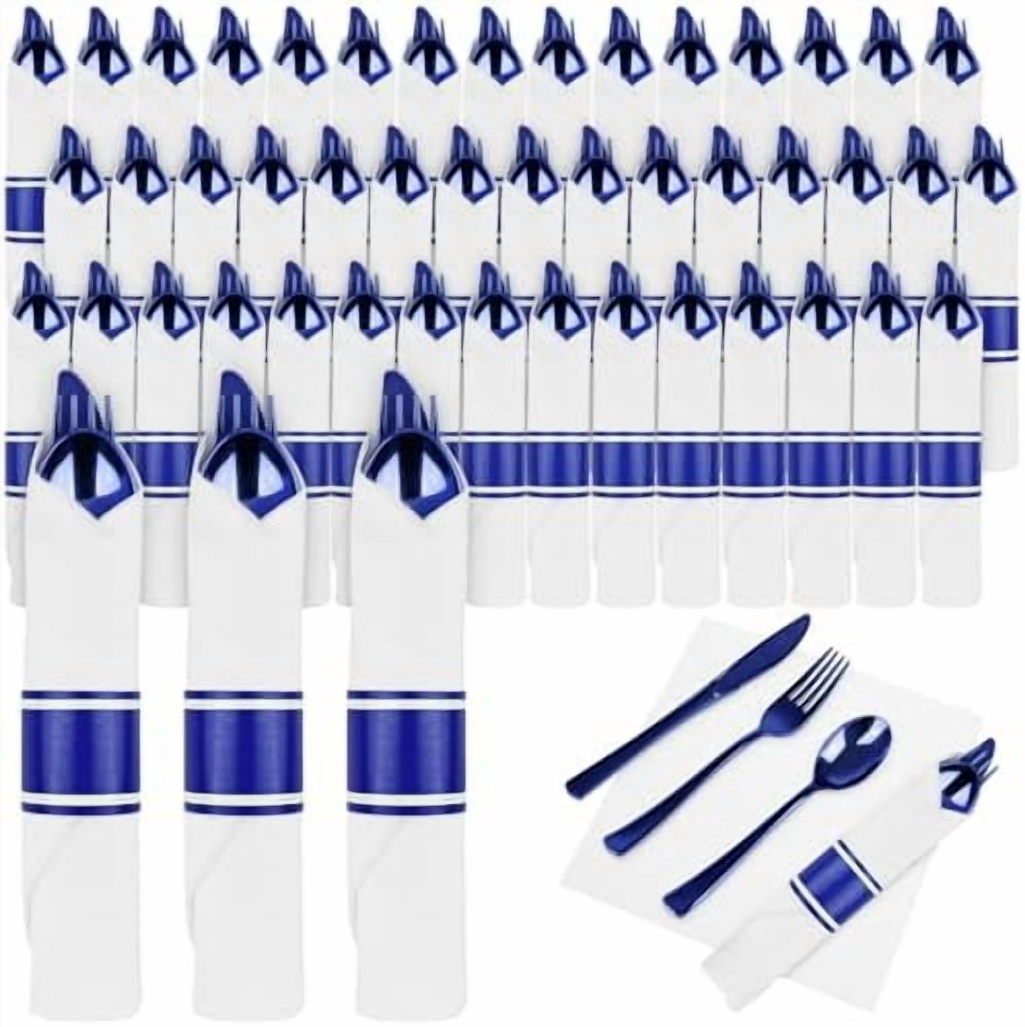 100Pack Blue Pre Rolled Plastic Silverware - Wrapped Blue Rolled ...
