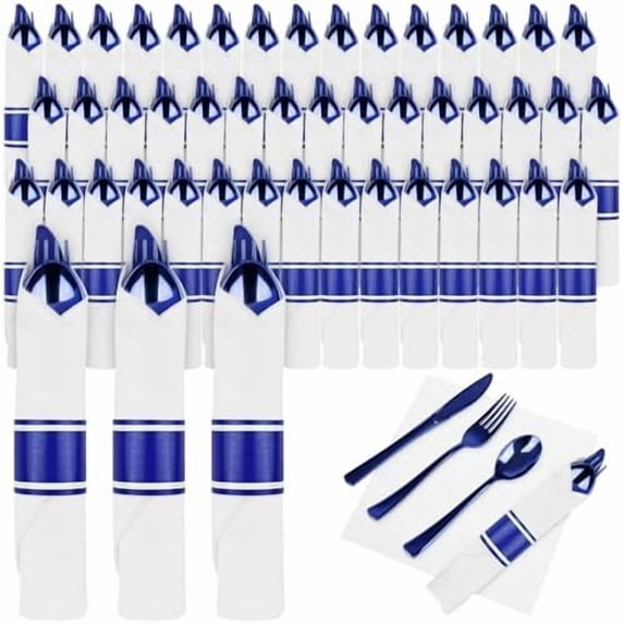 100Pack Blue Pre Rolled Plastic Silverware - Wrapped Blue Rolled ...