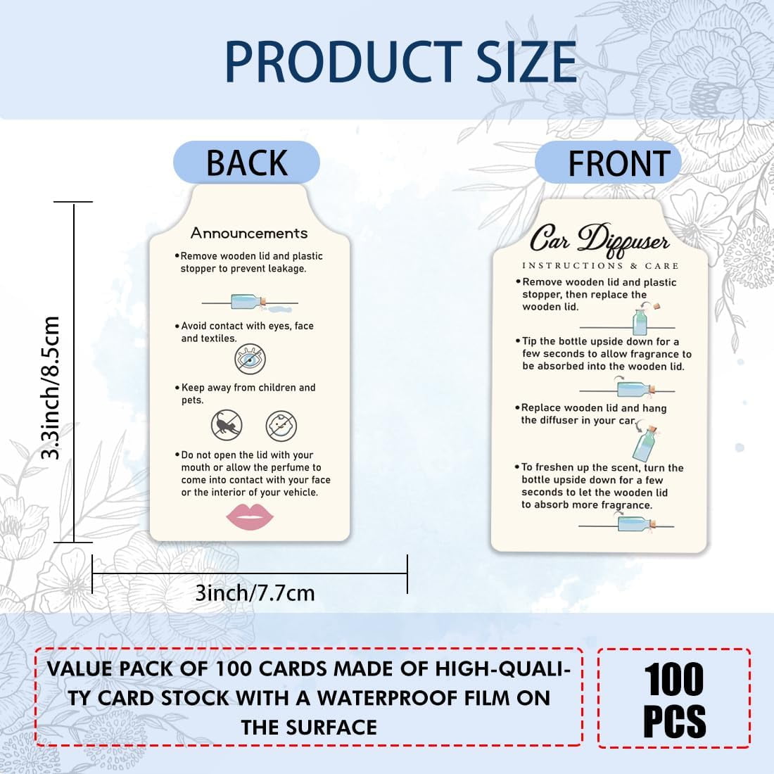 100Pack Car Diffuser Instruction Cards 1.97" x 4.33" Double Sided Care ...