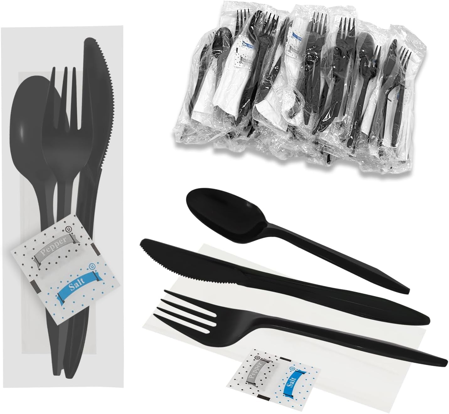 100Pack Plastic Cutlery Packets, Knife Fork Spoon Napkin Salt Pepper ...