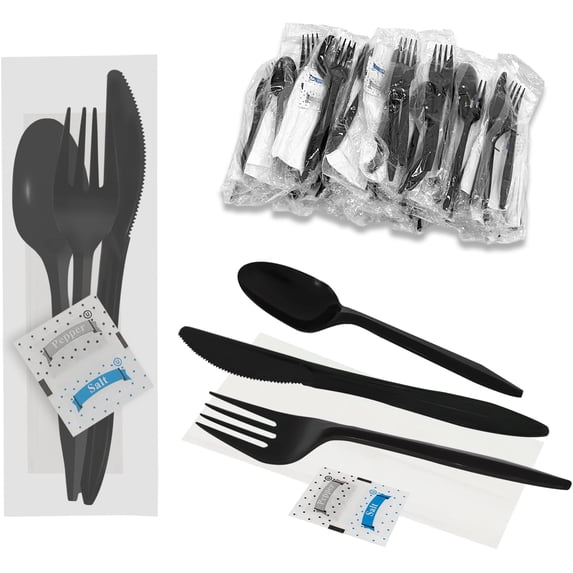100Pack Plastic Cutlery Packets, Knife Fork Spoon Napkin Salt Pepper ...