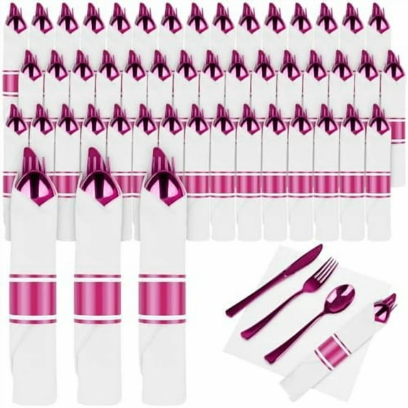 100Pack Pre Rolled Hot Pink Plastic Silverware - Wrapped Hot Pink ...