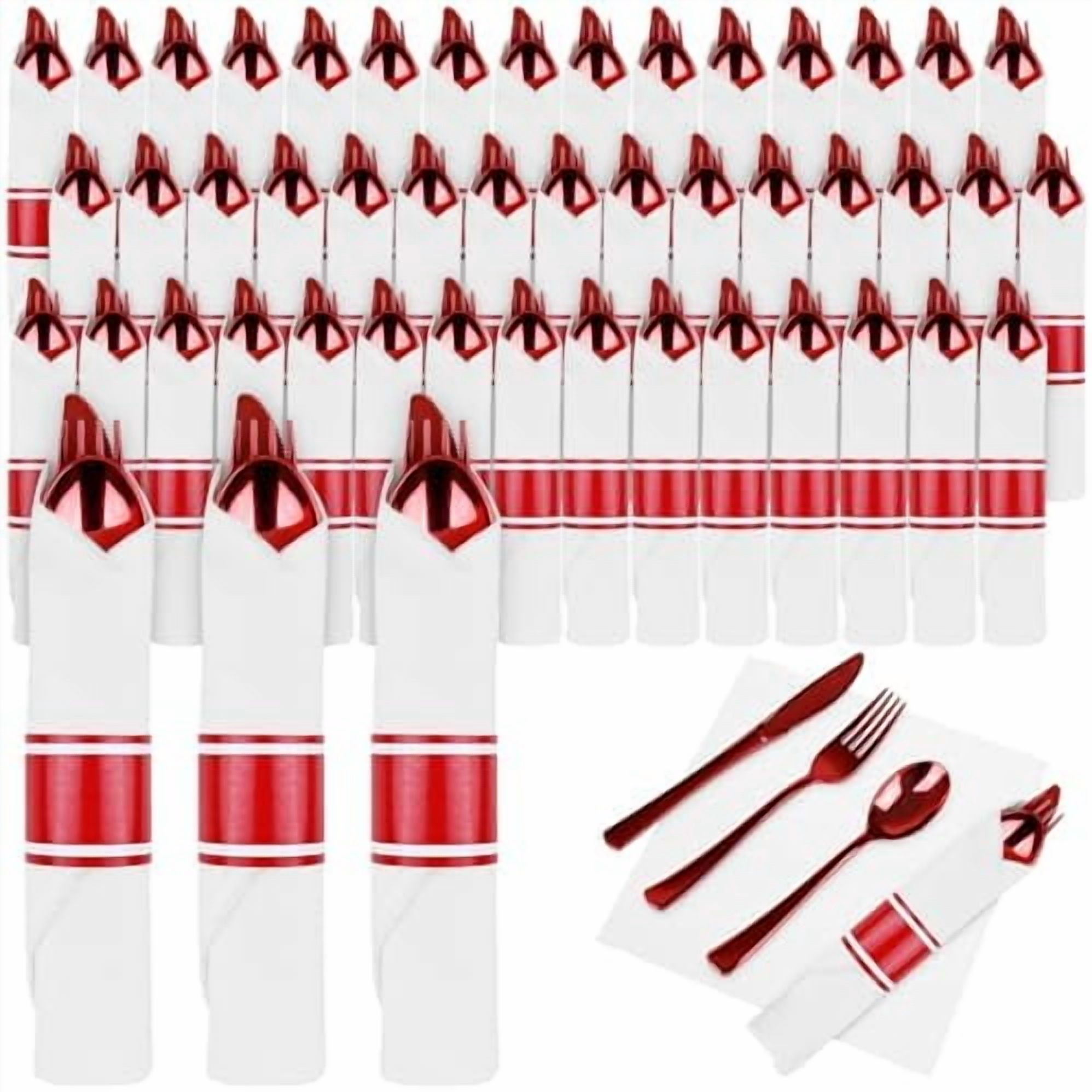 100Pack Red Pre Rolled Plastic Silverware - Wrapped Red Disposable ...