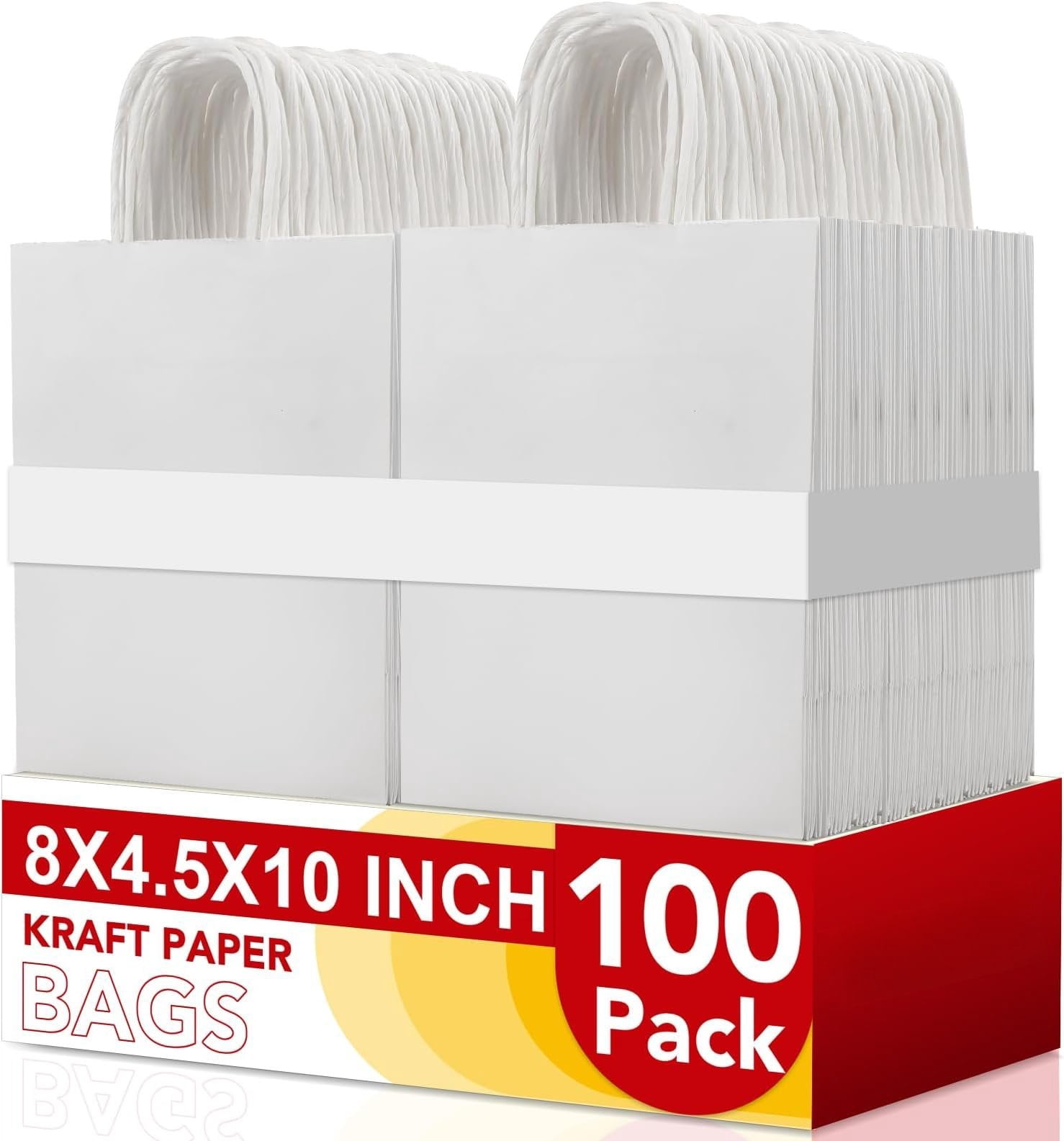 100Pack White Paper Bags 8x4.5x10 Inch, Plain Medium Paper Bags with ...