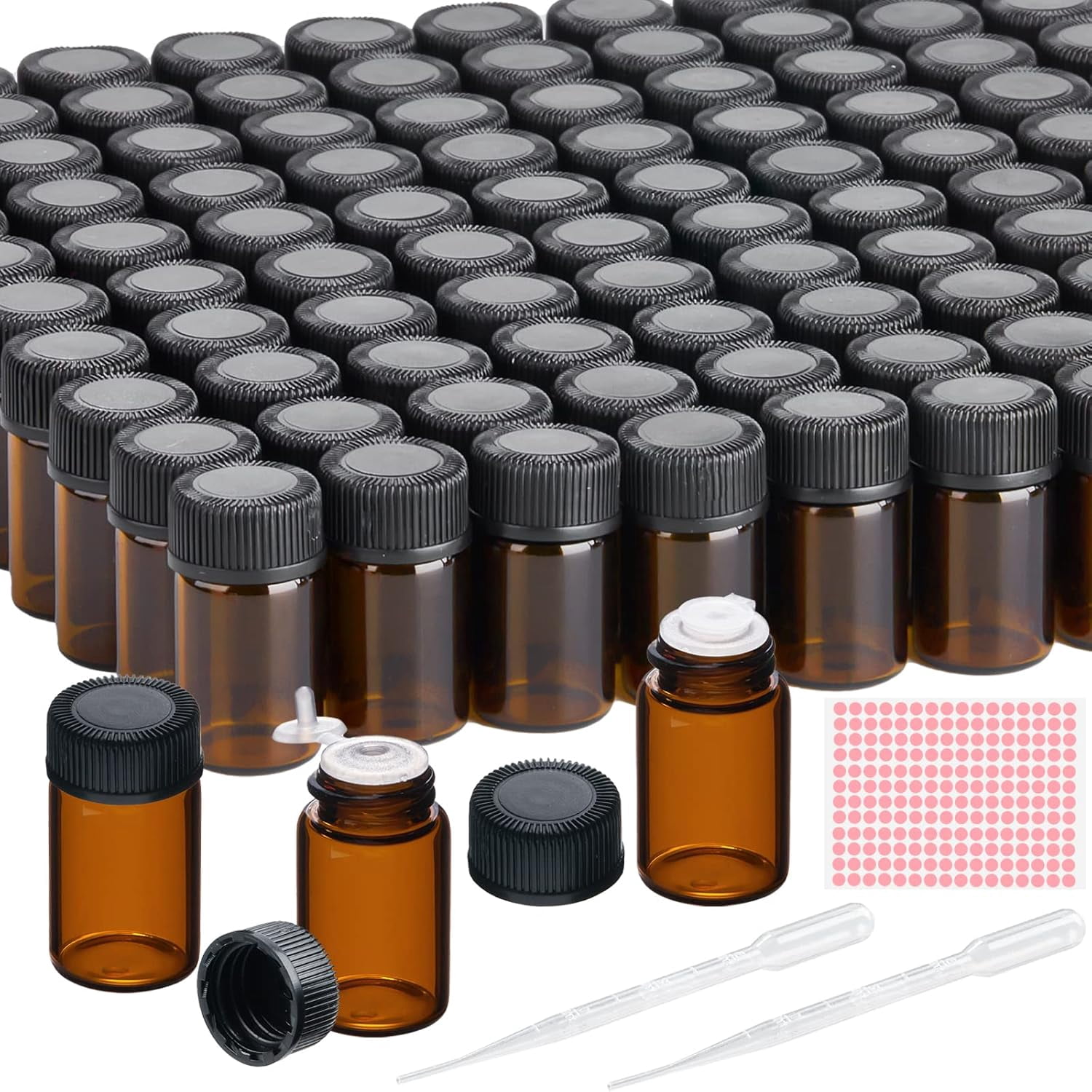 100Packs Essential Oil Sample Bottles 2Ml Drams Amber Glass Vials with ...