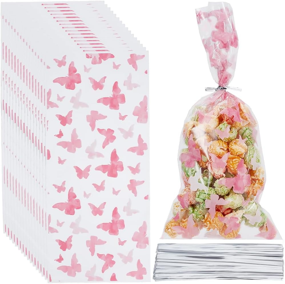 100Pcs 10.9 x 4.9 Inch Pink Cellophane Candy Bags Plastic Treat Bags ...