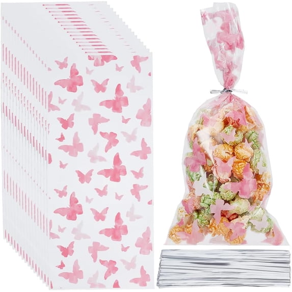 100Pcs 10.9 x 4.9 Inch Pink Cellophane Candy Bags Plastic Treat Bags ...