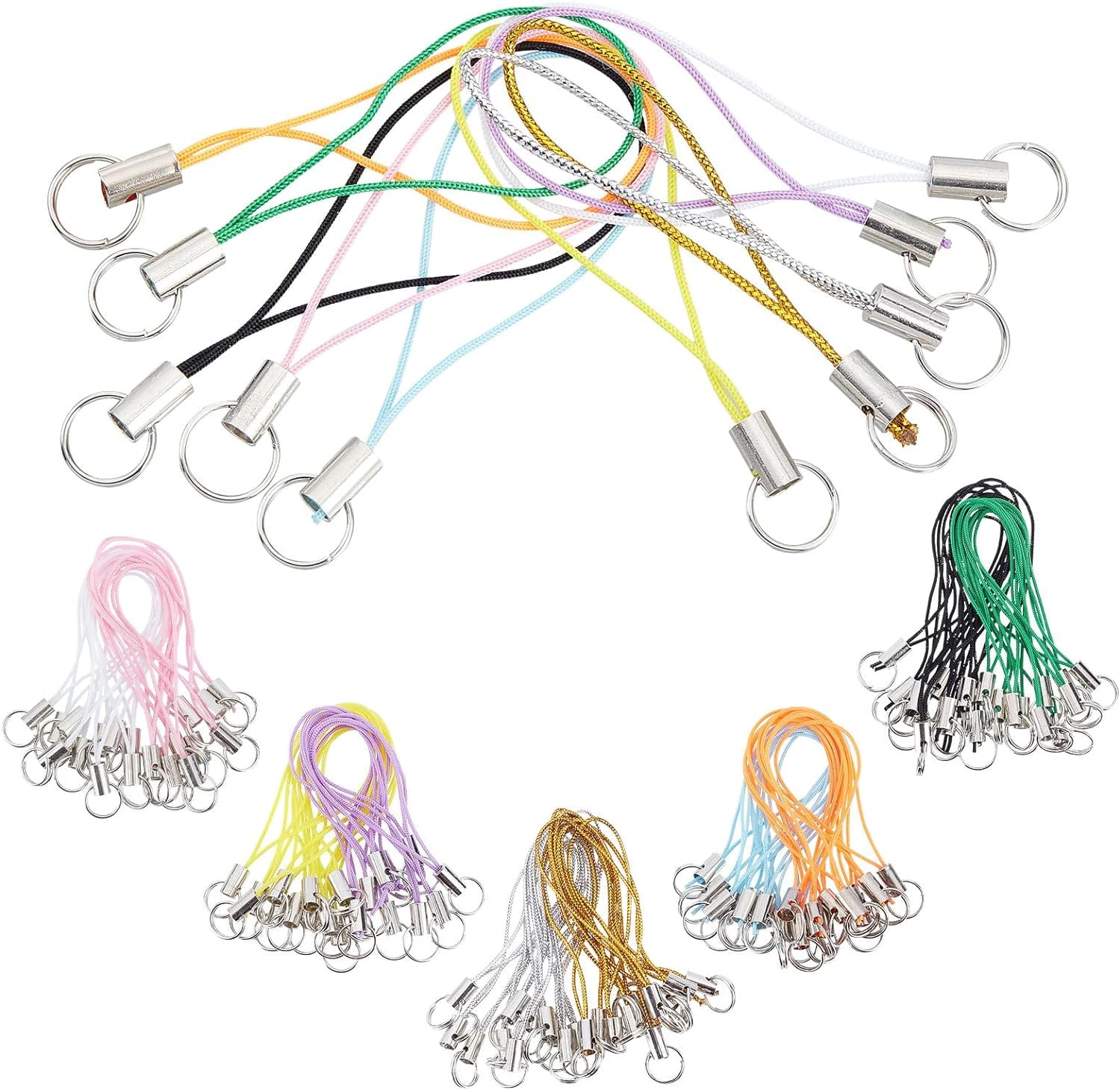 100Pcs 10 Colors Phone Keychain Strap Sliver Tone Split Ring Cords ...