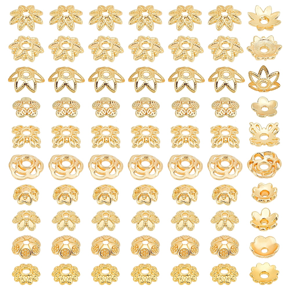 100Pcs 10 Style Brass Bead Caps 6-Petal Long-lasting Flower Real 14K ...