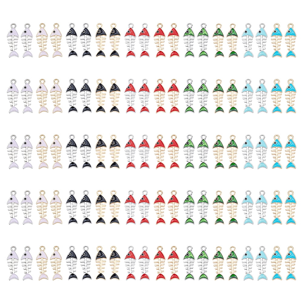 100Pcs 10 Styles Golden Tone Alloy Enamel Pendants Fish Bone Charm ...