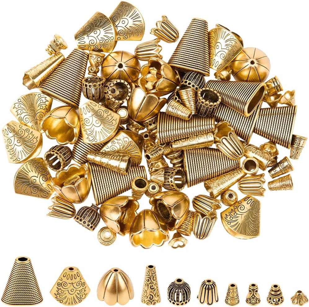 100Pcs 10 Styles Tibetan Styles Alloy Bead Cone & Caps Golden 5~23x7.5 ...