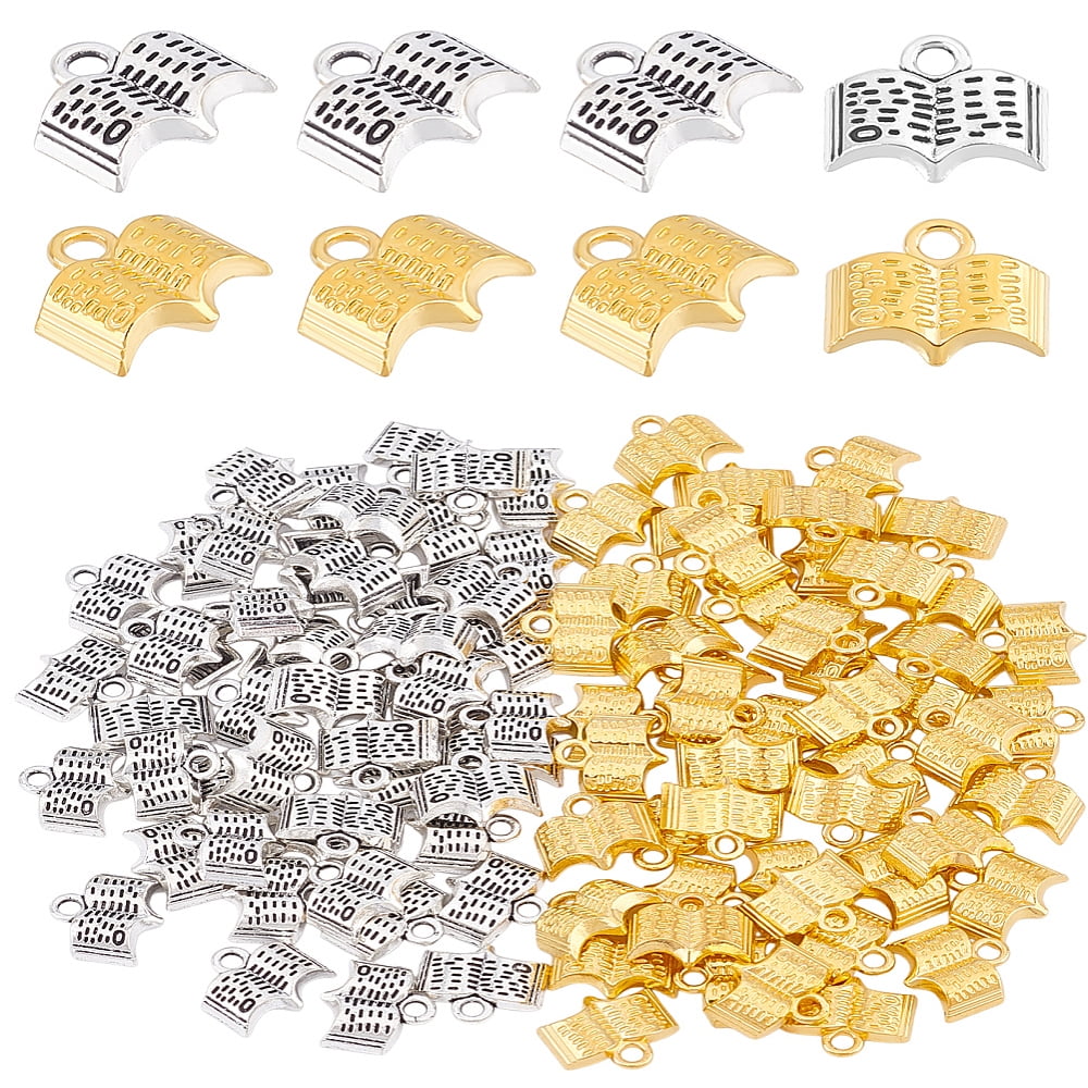 100Pcs 2 Colors Tibetan Style Alloy Charms Book Mixed Color 11x12x3.5mm ...