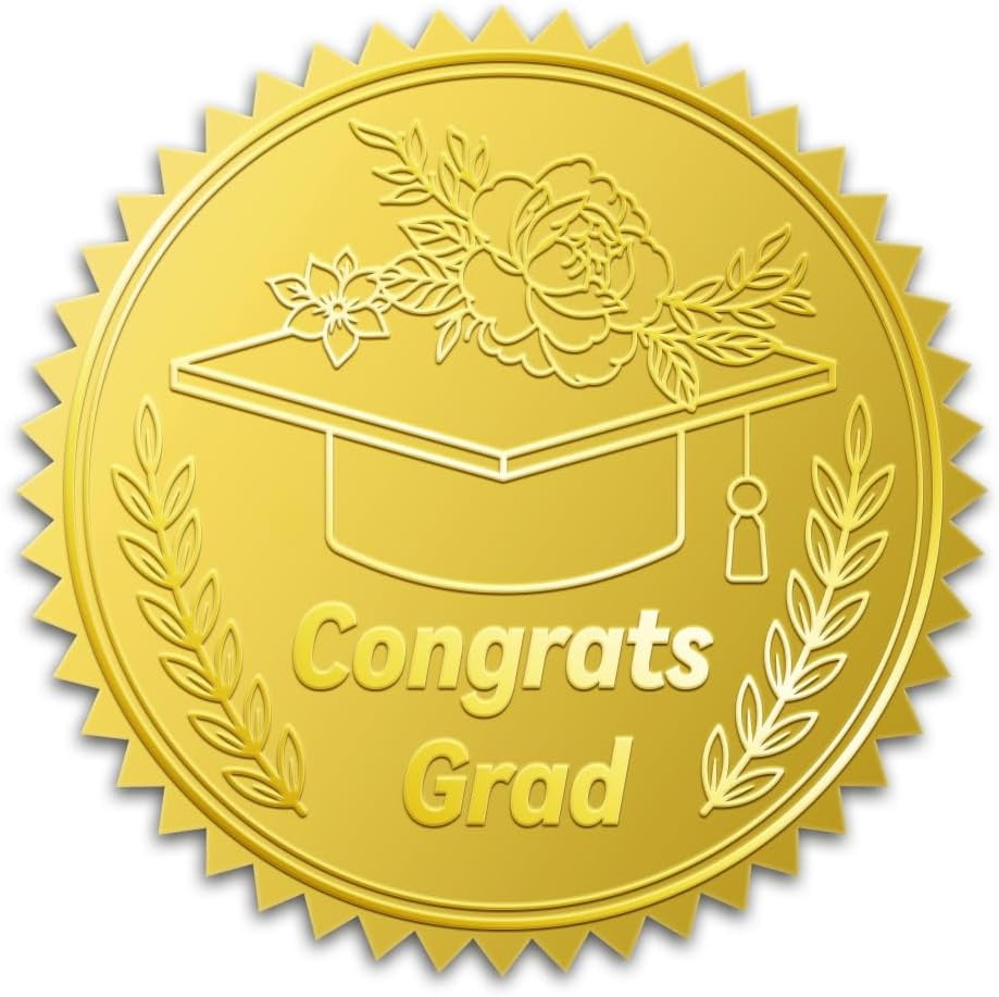 100Pcs 2" Embossed Flowers Graduation Cap Gold Foil Seal Sticker Gold ...