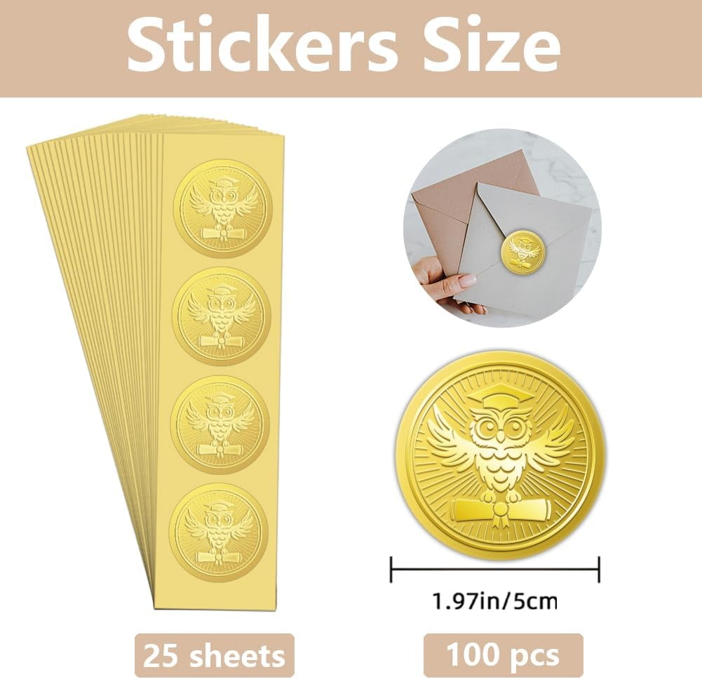 100Pcs 2" Embossed Owl Graduation Cap Gold Foil Seal Sticker Gold Foil ...