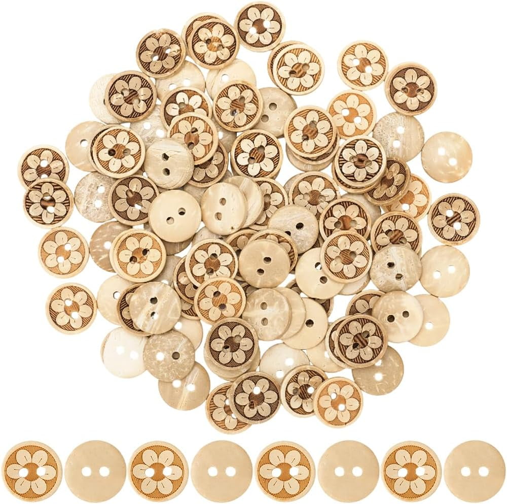 100Pcs 2-Hole Coconut Buttons Flat Round with Flower Wheat 12.5x2.5mm ...