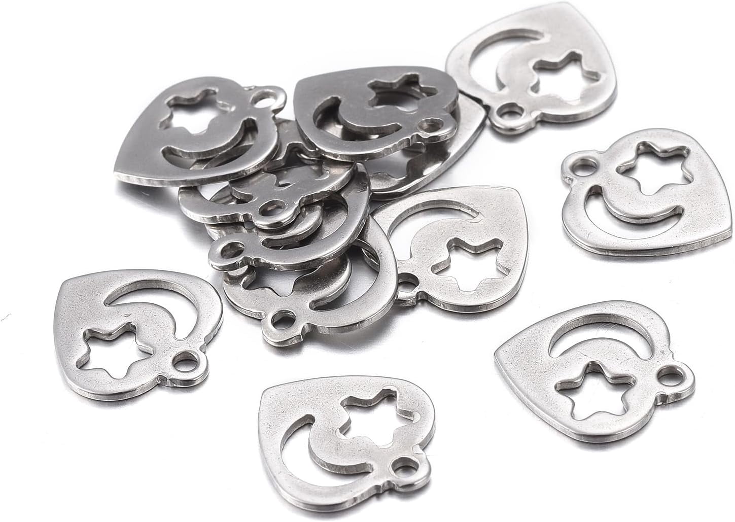 100Pcs 201 Stainless Steel Charms Heart with Hollow Star and Moon ...
