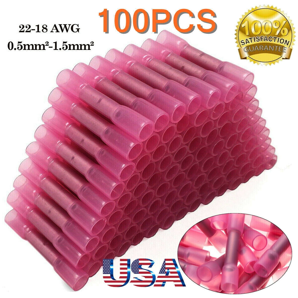 100Pcs 22-16AWG Red Heat Shrink Wire Butt Connectors Waterproof Splice ...