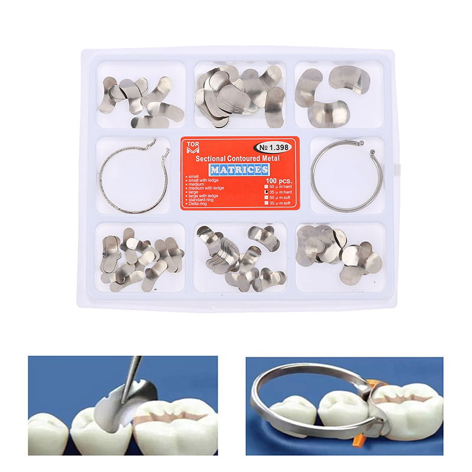 100Pcs 35um Dental Matrix Sectional Contoured Metal Matrices 2 Rings ...