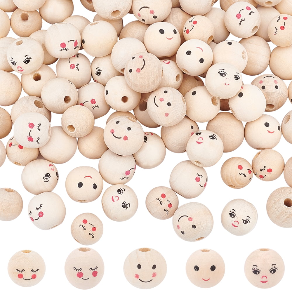 100Pcs 5Styles Natural Wood Beads Large Hole Beads Round with Smile ...