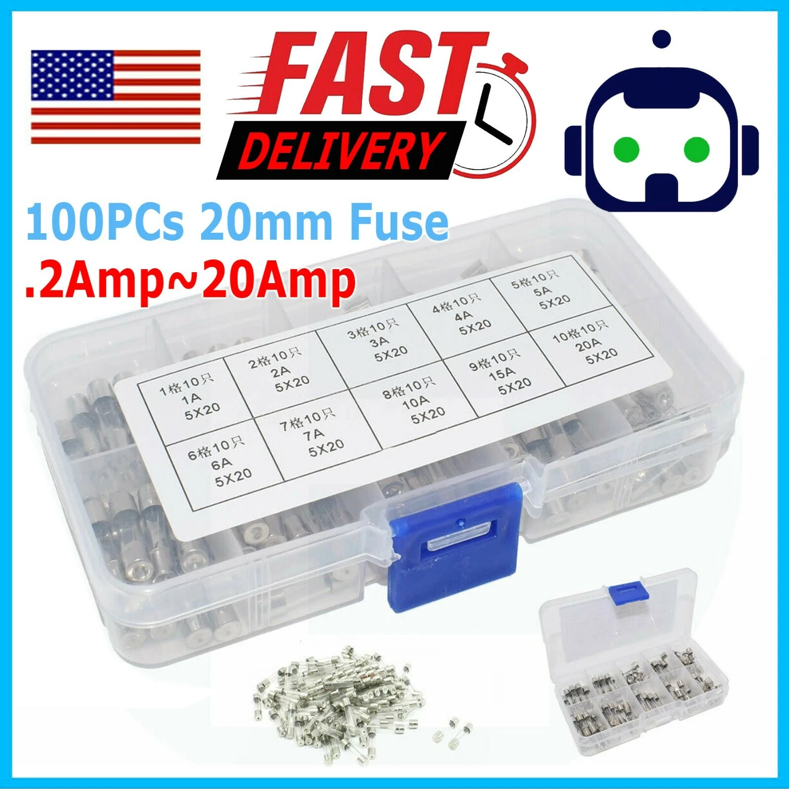 100Pcs 5X20Mm Quick Blow Glass Tube Fuse Assorted Kits Fast Action ...