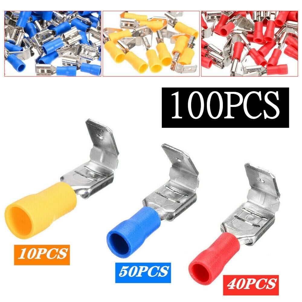 100Pcs 6.3mm Fully Insulated Crimp Spade Terminals Piggyback Wire ...