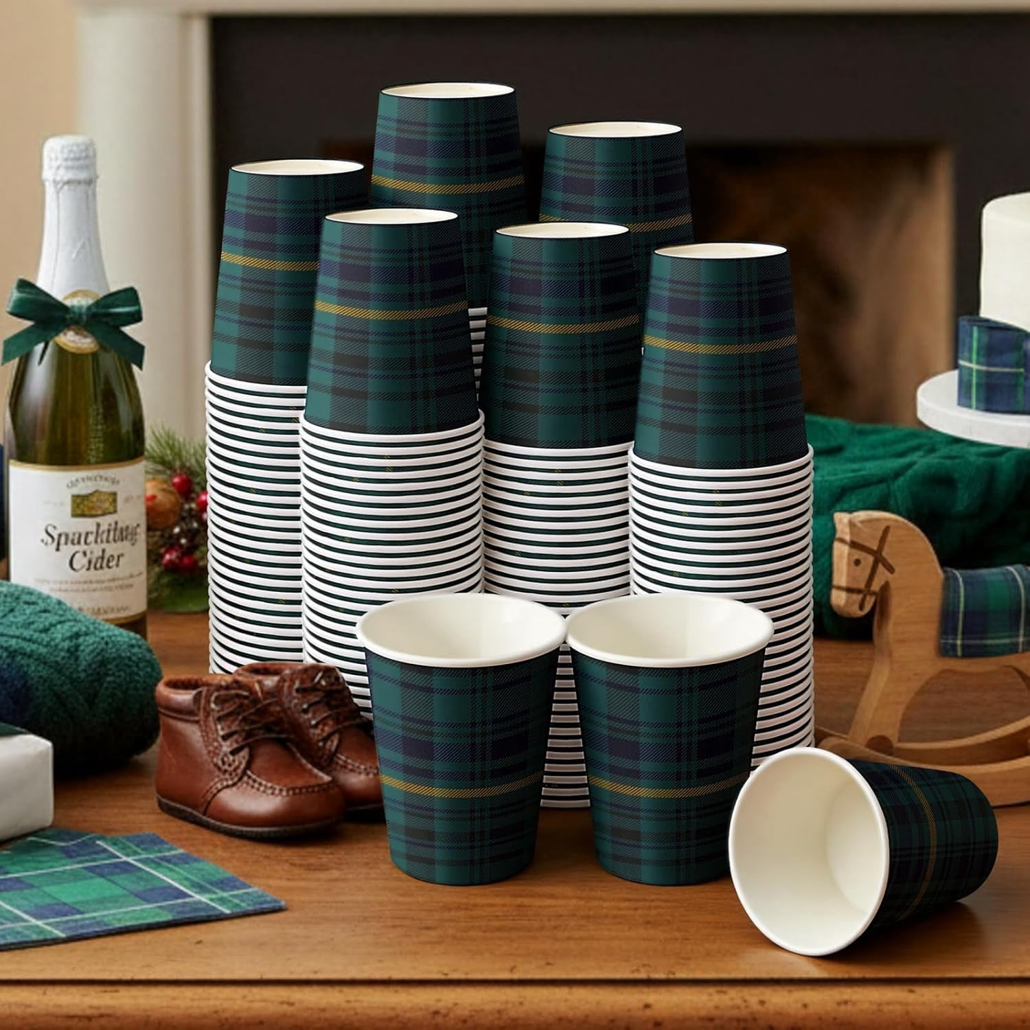 100Pcs 9 Oz Blue Green Tartan Plaid Paper Cups for Baby Shower ...
