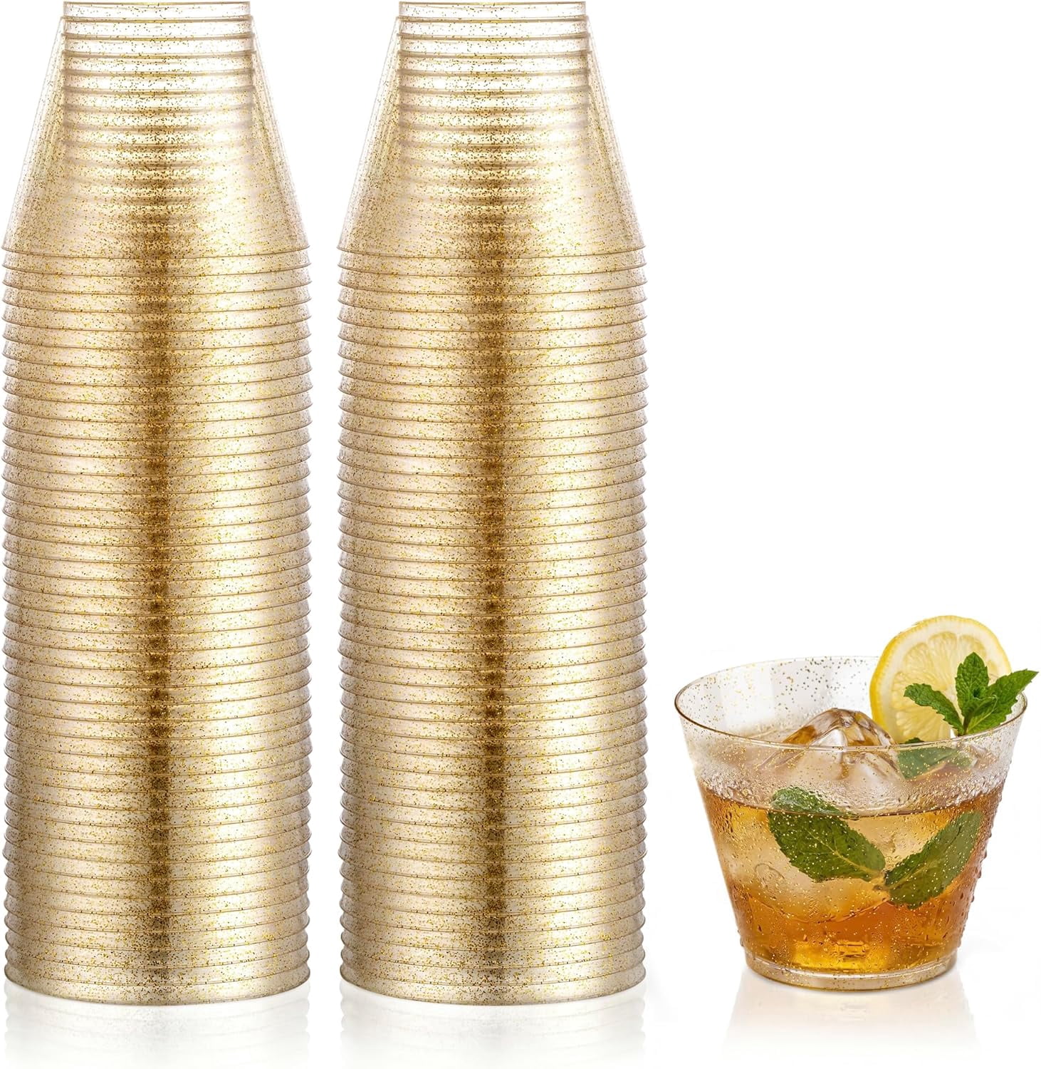 100Pcs 9OZ Gold Glitter Plastic Cups - Gold Plastic Cups, Heavy Duty ...