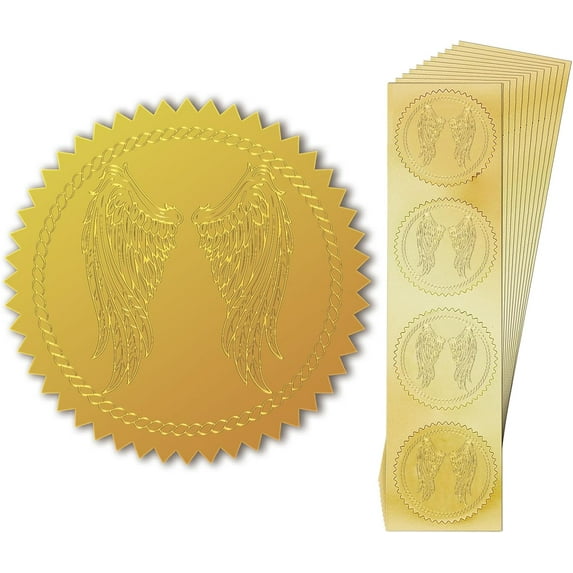 100Pcs Angel Wings Gold Foil Certificate Seals - Embossed Stickers Self ...