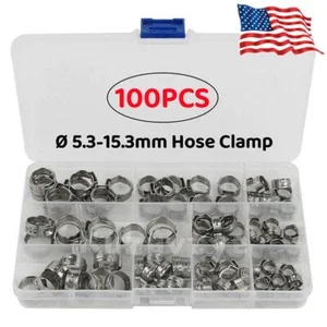 100Pcs Assortment Stainless Steel Hose Clamps Kit Ear Cinch Ring Crimp ...