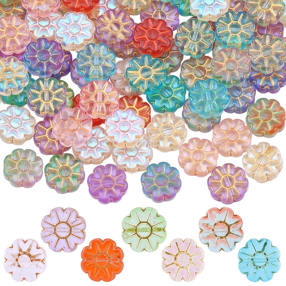 100Pcs Baking Paint and Golden Metal Enlaced Glass Beads Flower Mixed ...