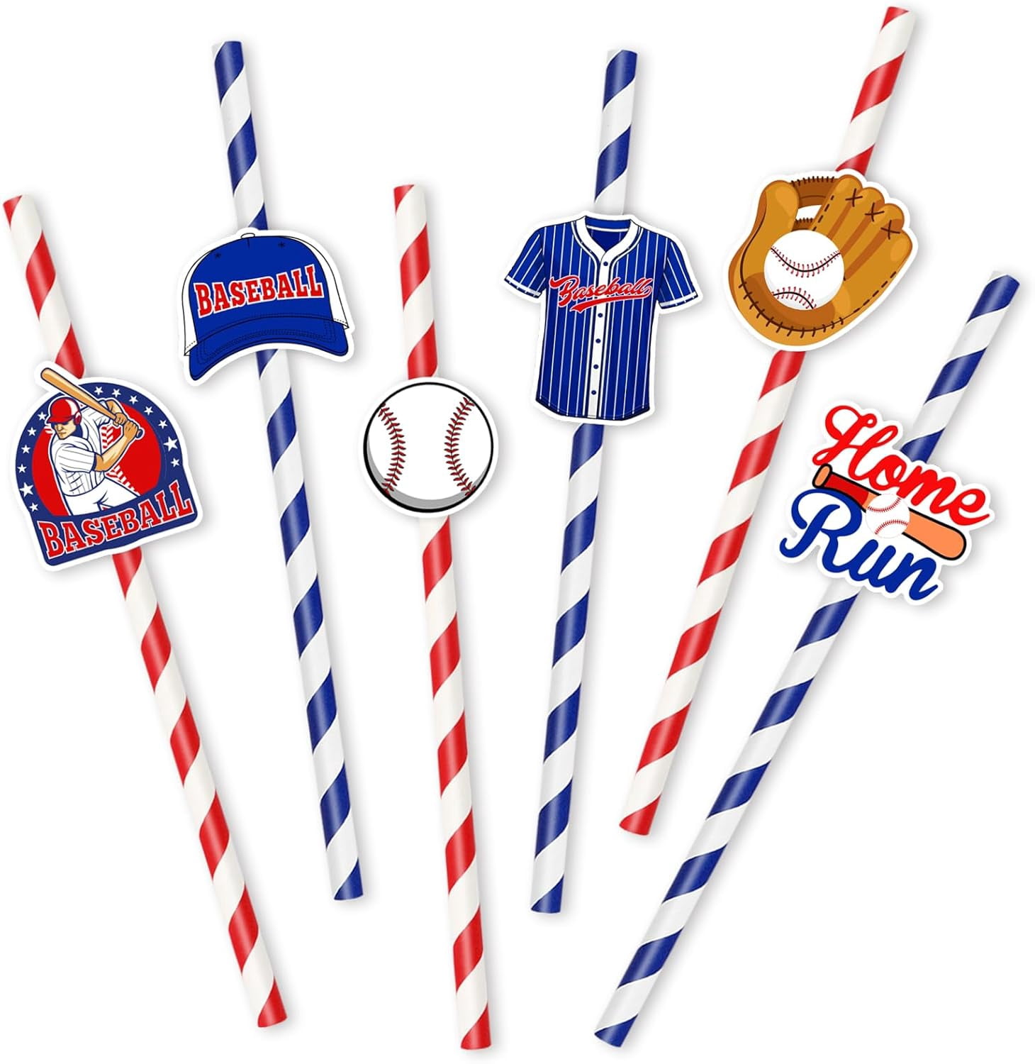 100Pcs Baseball Paper Straw Sport Theme Drinking Straws Red Blue Stripe ...