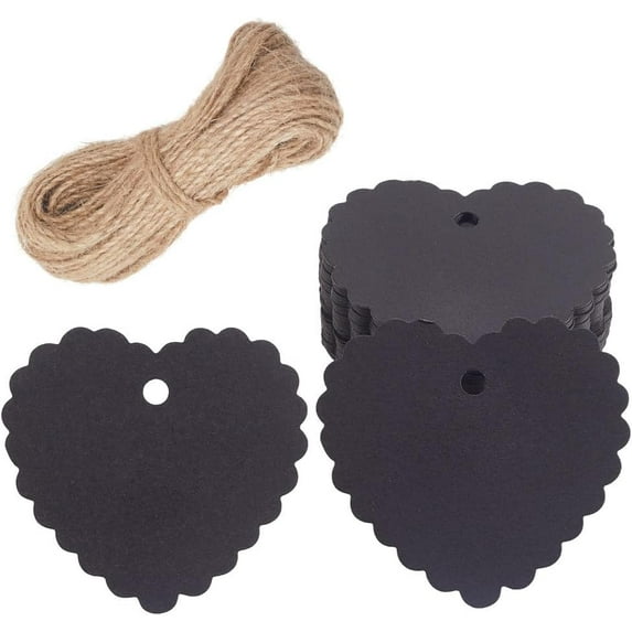 100Pcs Black Paper Heart Gift Tags Blank Cards Wavy Edge with 65.6Ft ...